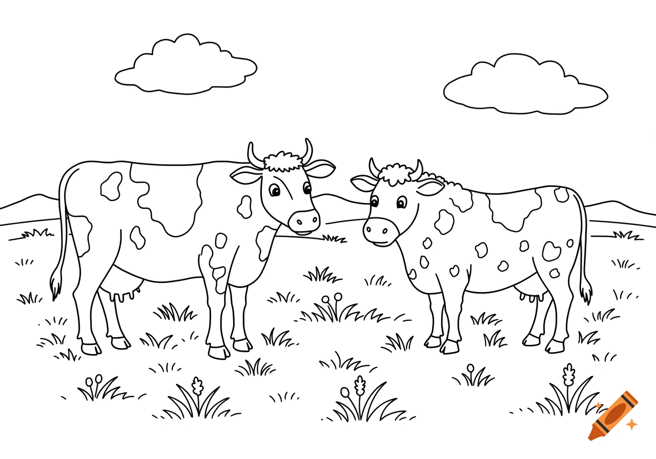 A simple black and white line drawing of two cows, one large and one ...