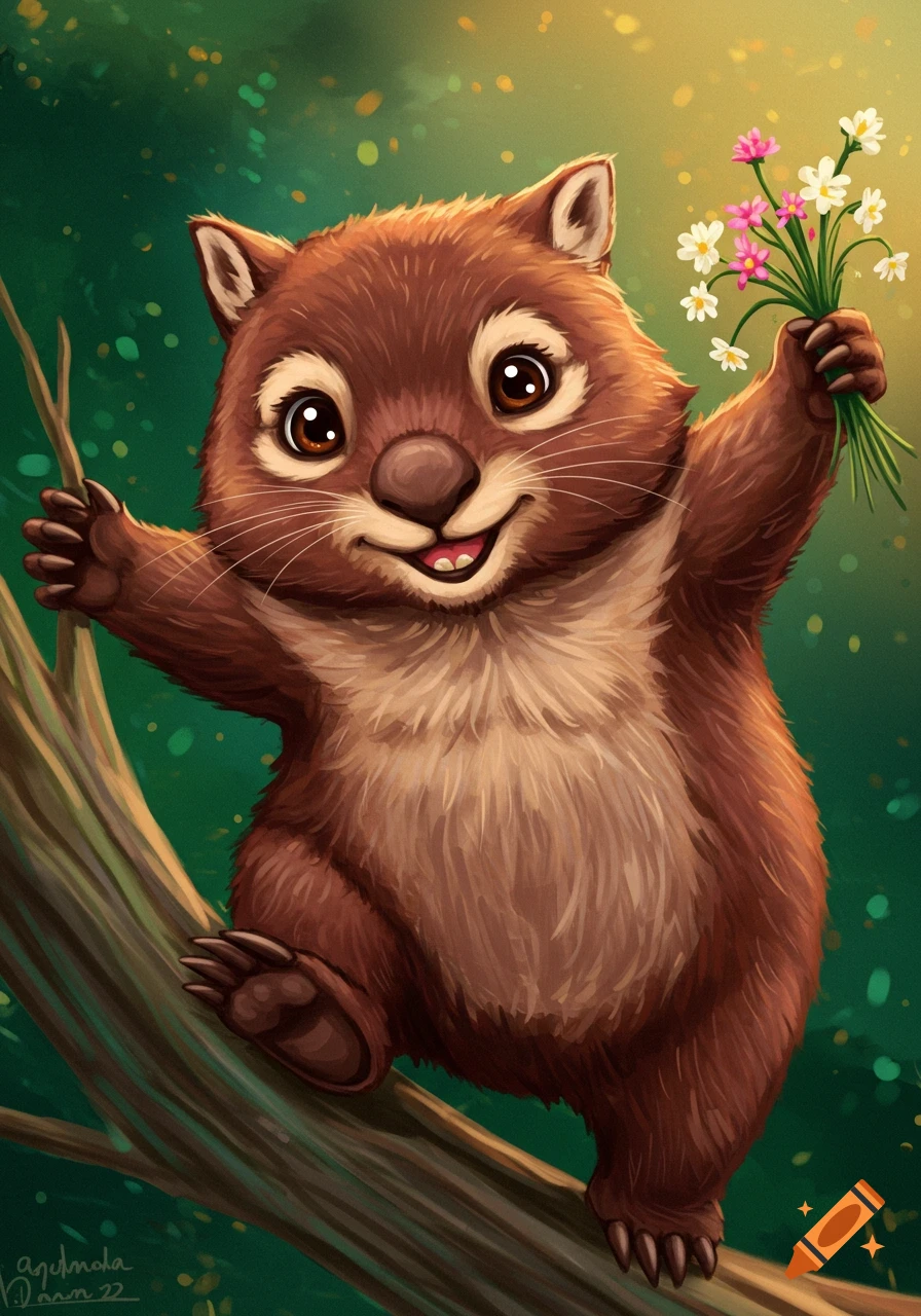 A cute brown cartoon wombat holds pink and white flowers while smiling ...