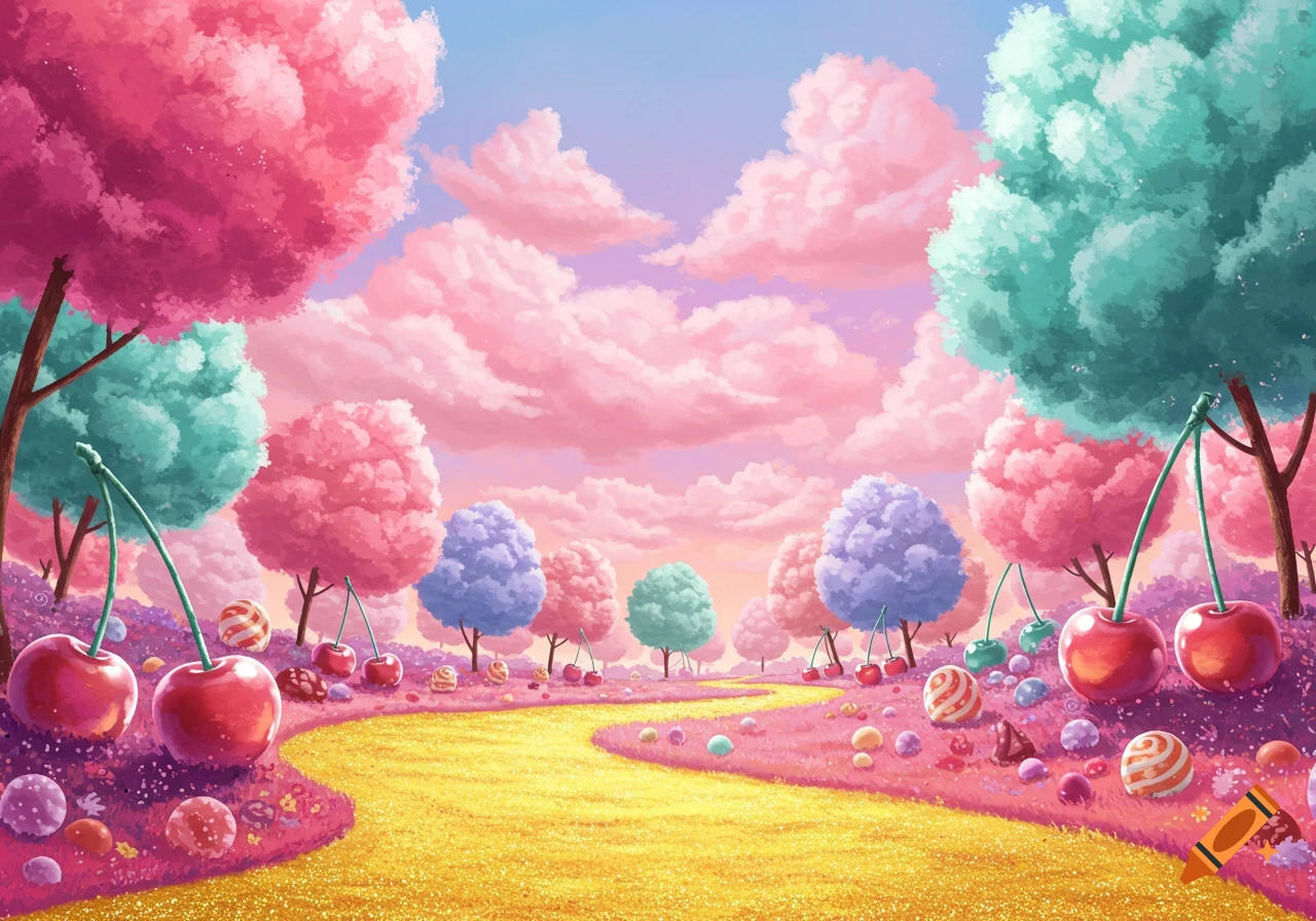 A vibrant, whimsical Candyland-style landscape with colorful trees, a ...