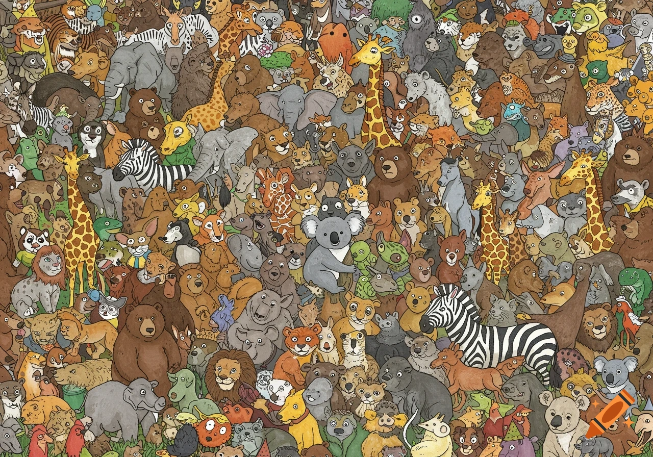 A busy, colorful cartoon illustration packed with various animals like ...