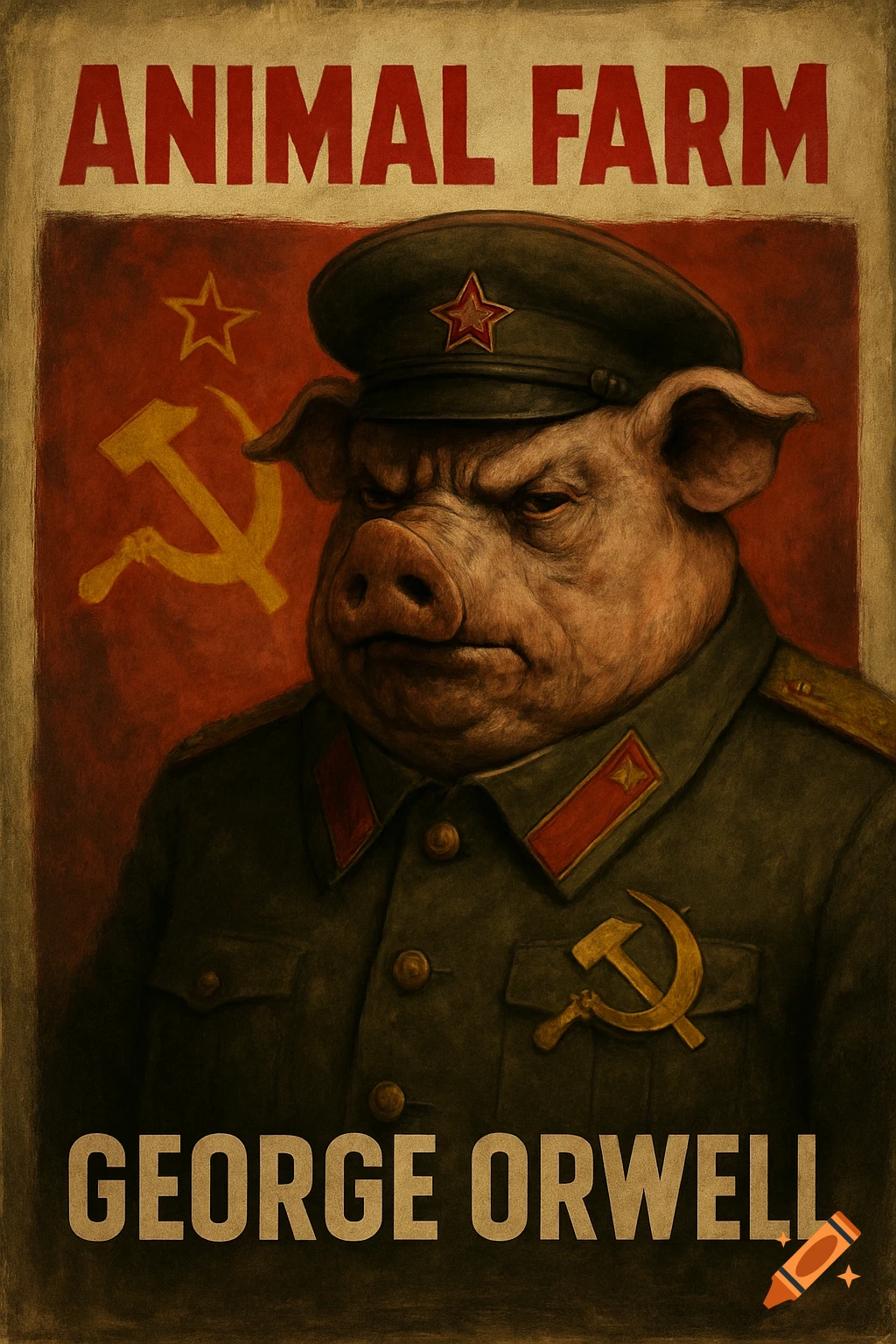 Illustration of a pig in a Soviet uniform on a book cover for 'Animal ...