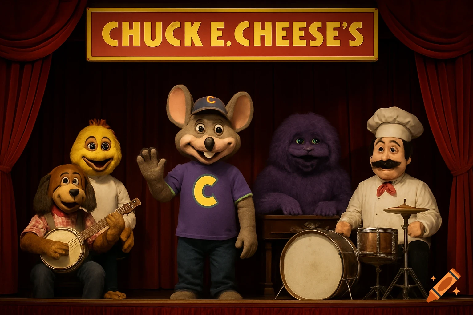 Photorealistic image of the Chuck E. Cheese animatronic band on stage ...