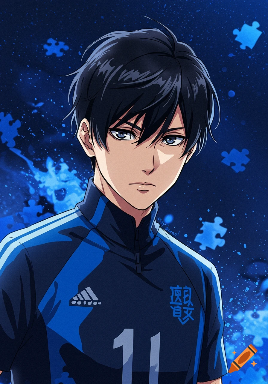 Anime style portrait of Isagi Yoichi from Blue Lock, wearing a dark ...