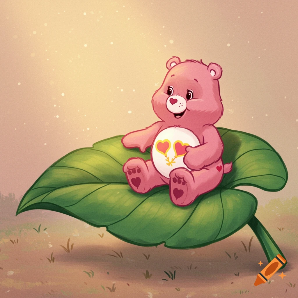 A cute pink Care Bear sits smiling on a large green leaf, against a ...