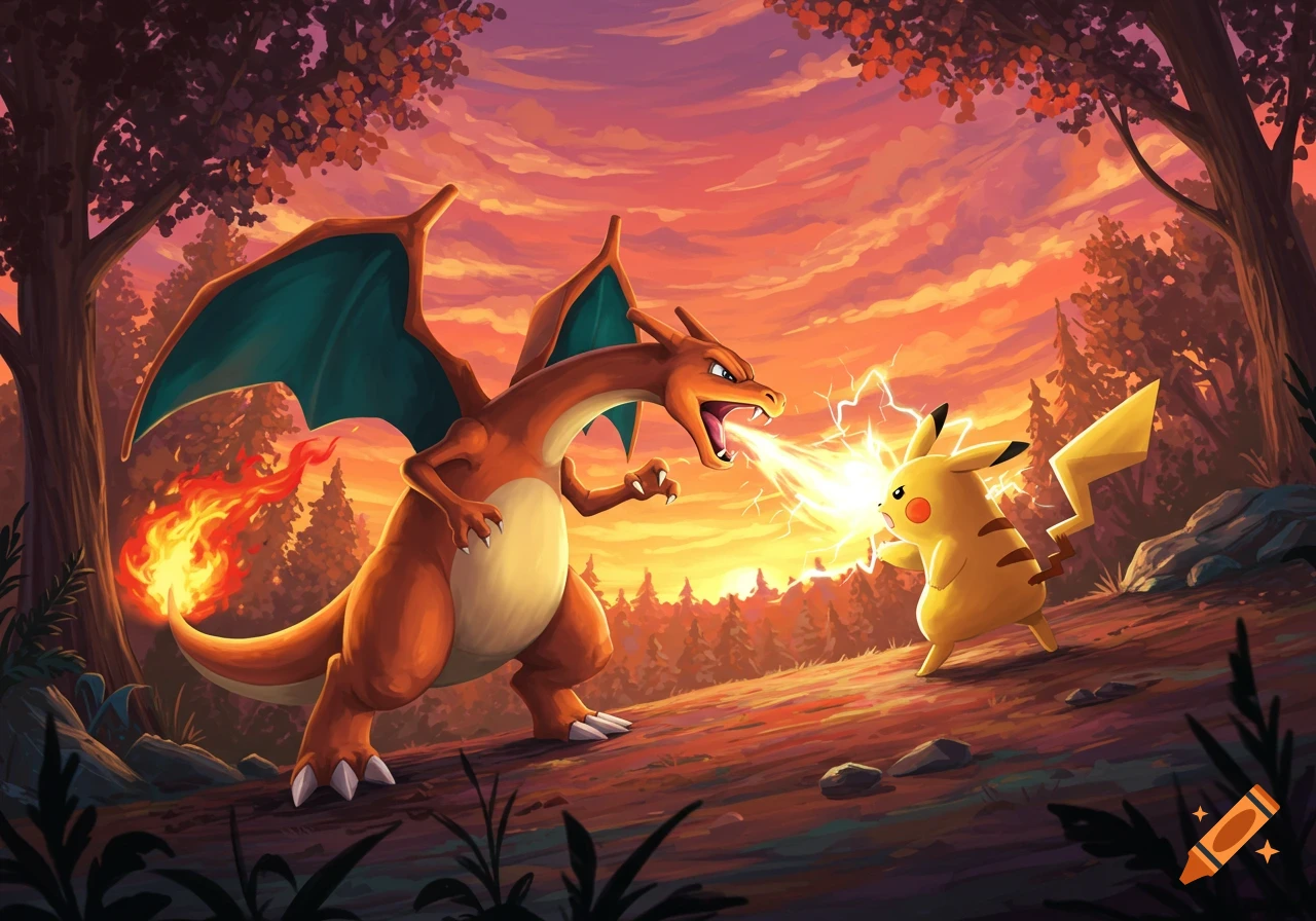 Charizard breathing fire at Pikachu, who emits lightning, in a vibrant forest at sunset. on Craiyon