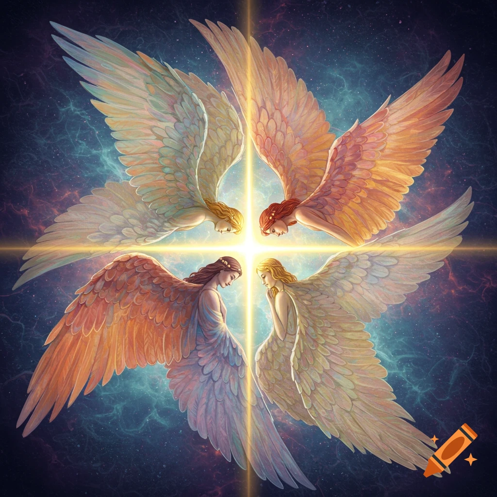 Four angels with colorful wings in a square formation facing a central ...