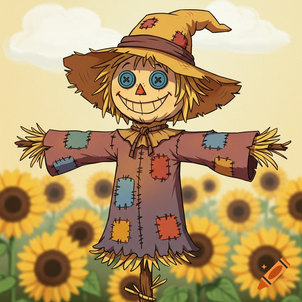 A smiling cartoon scarecrow with patched clothes and a straw hat stands ...