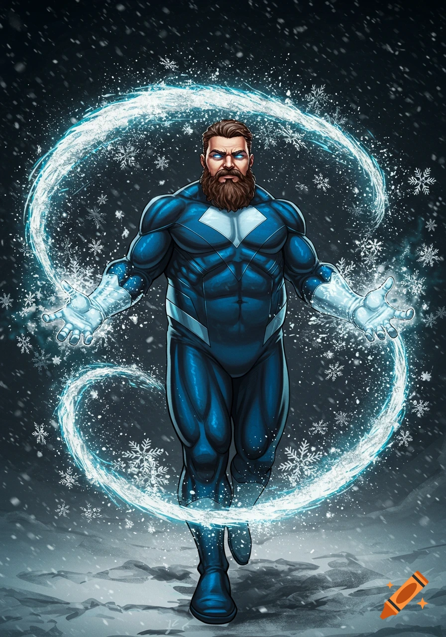 A bearded superhero in a blue suit with glowing hands stands in a snowy landscape, surrounded by ...