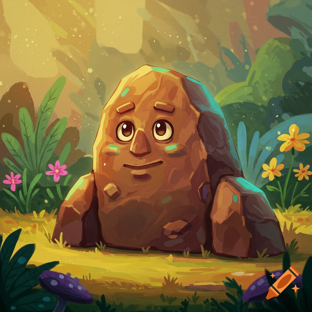 A whimsical cartoon illustration of a friendly, anthropomorphic rock ...