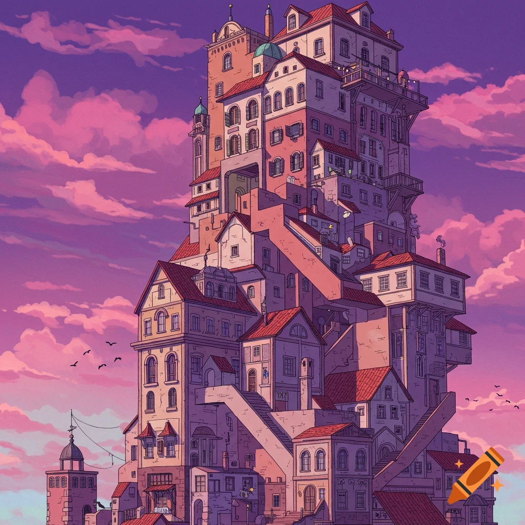 Intricate tower of interconnected buildings under a vibrant pink and ...