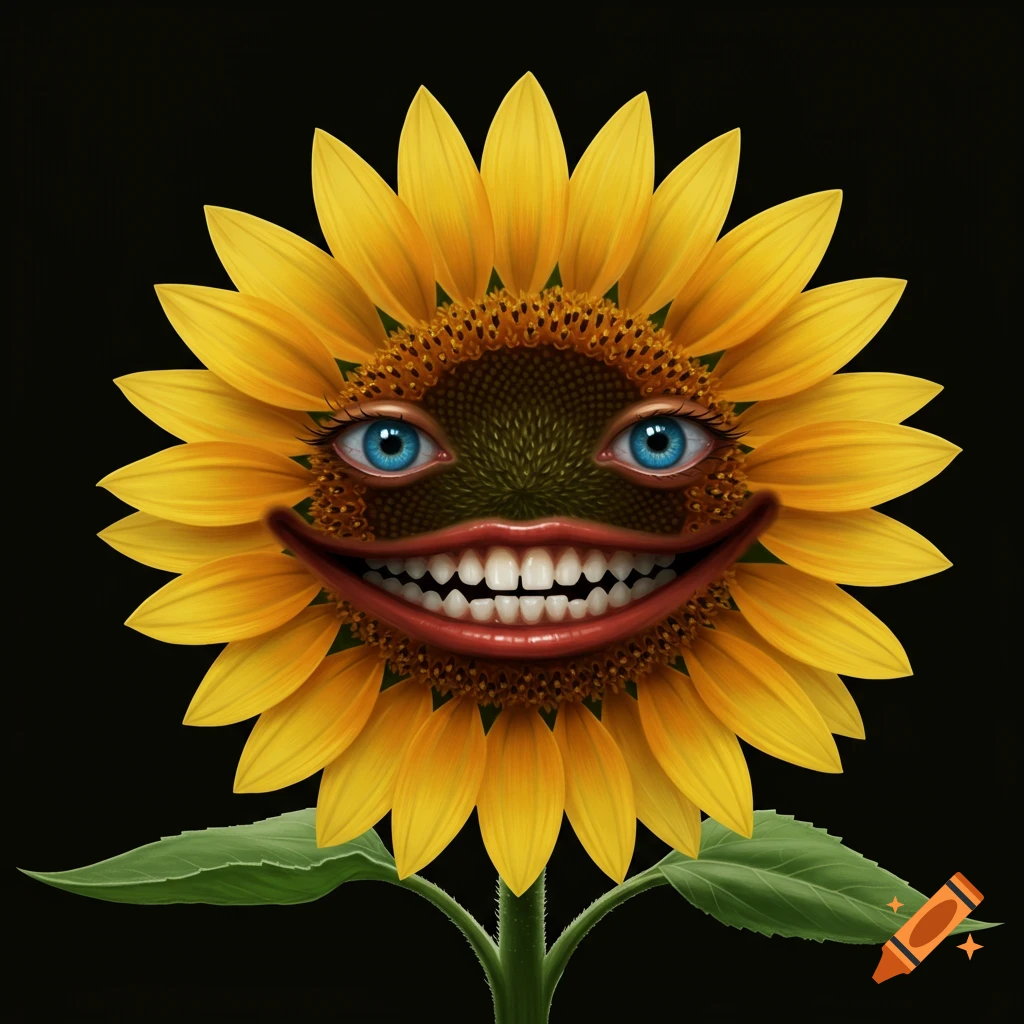 A close-up of a sunflower with human-like blue eyes and a wide smile ...
