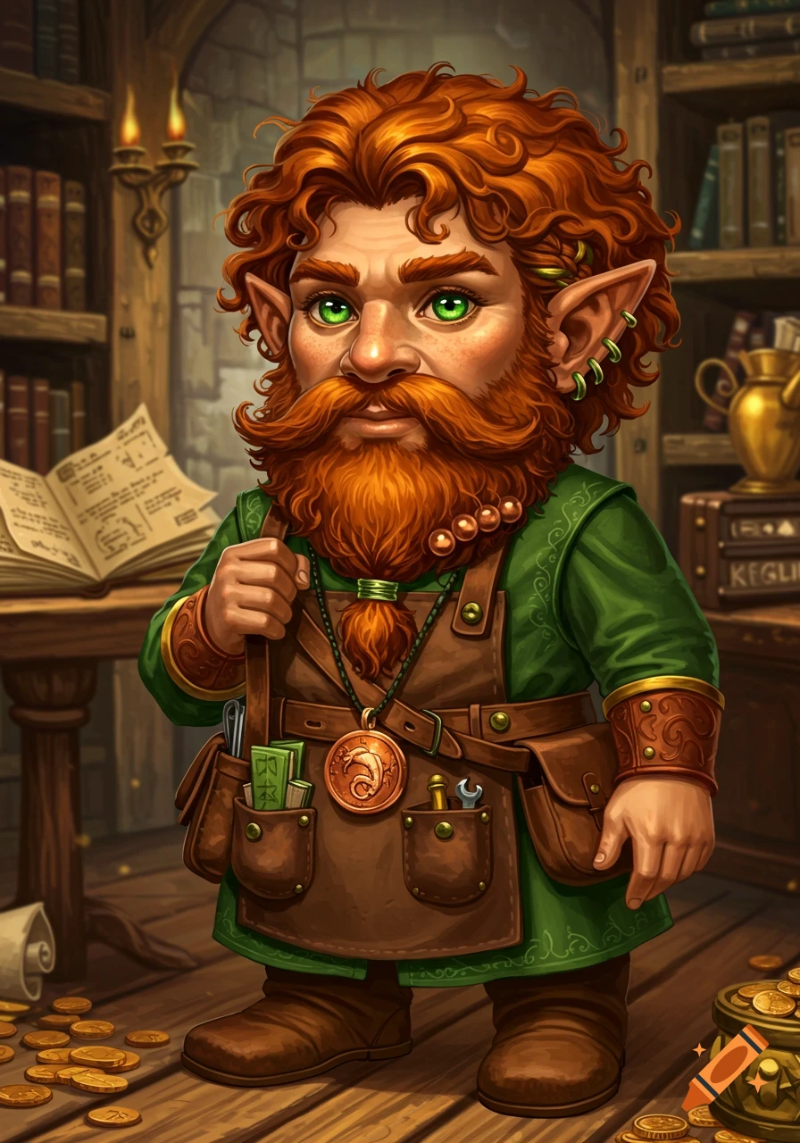 A stylized illustration of a red-headed forest gnome cleric with green ...