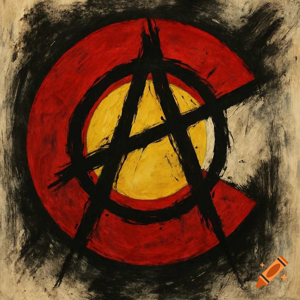 A stylized red C with a yellow center, intersected by a black anarchy A ...