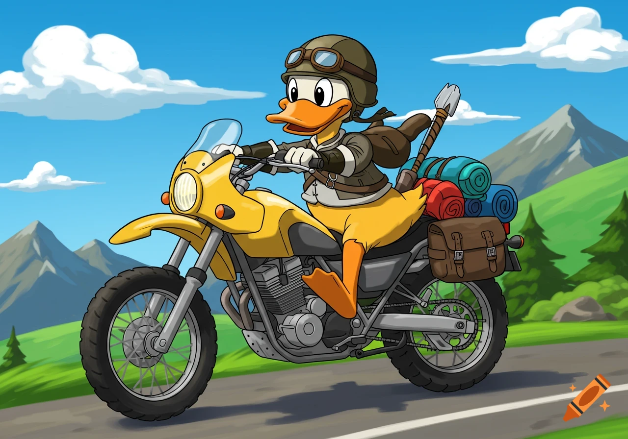 A cartoon duck wearing a helmet and goggles rides a yellow adventure ...