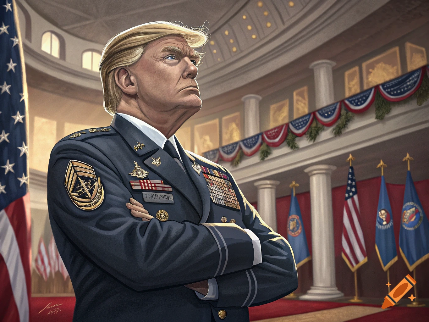 Illustrative portrait of Donald Trump in a military uniform, arms ...