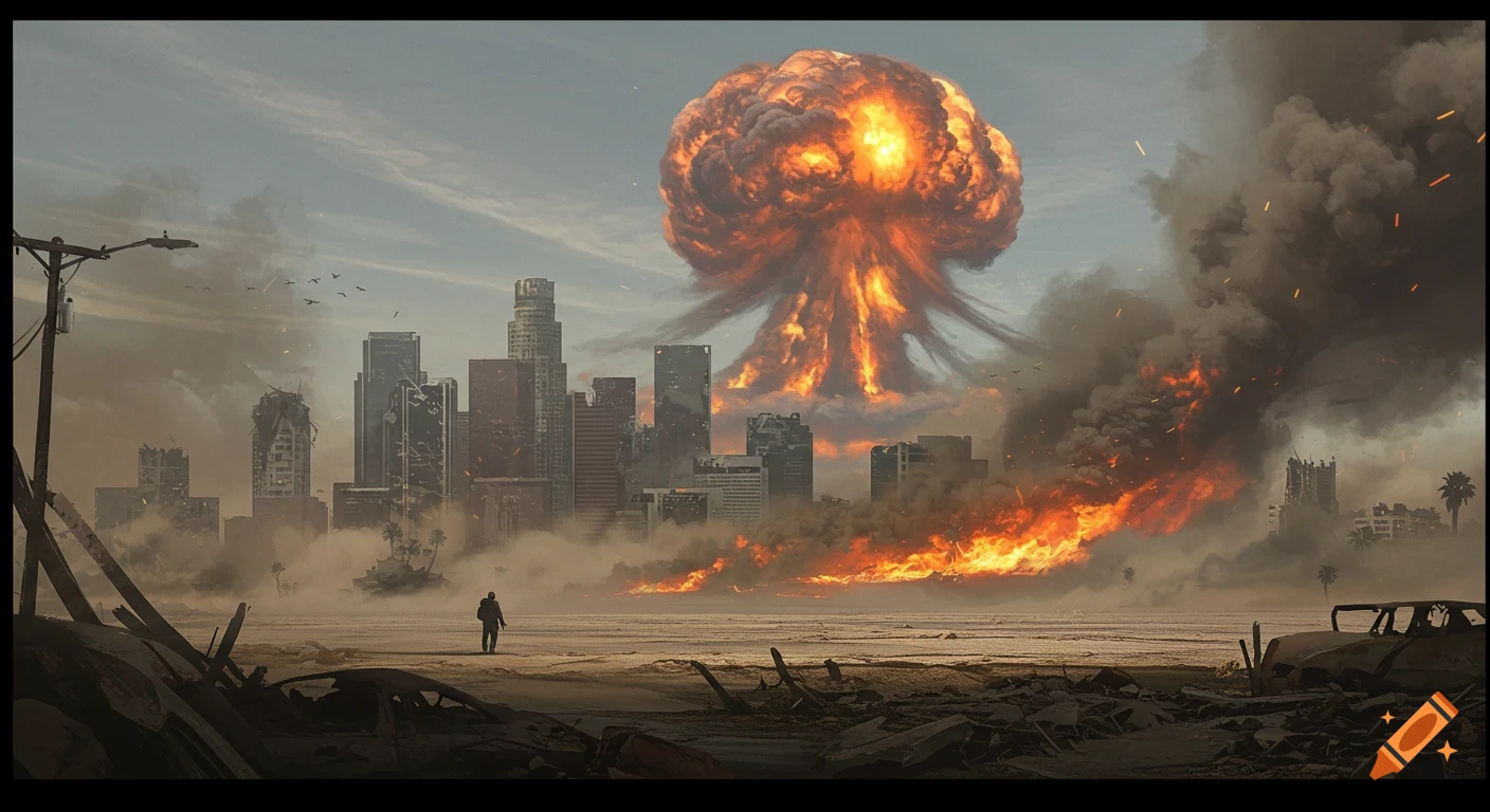 A desolate cityscape after a nuclear explosion, with a large mushroom cloud and fires under a ...