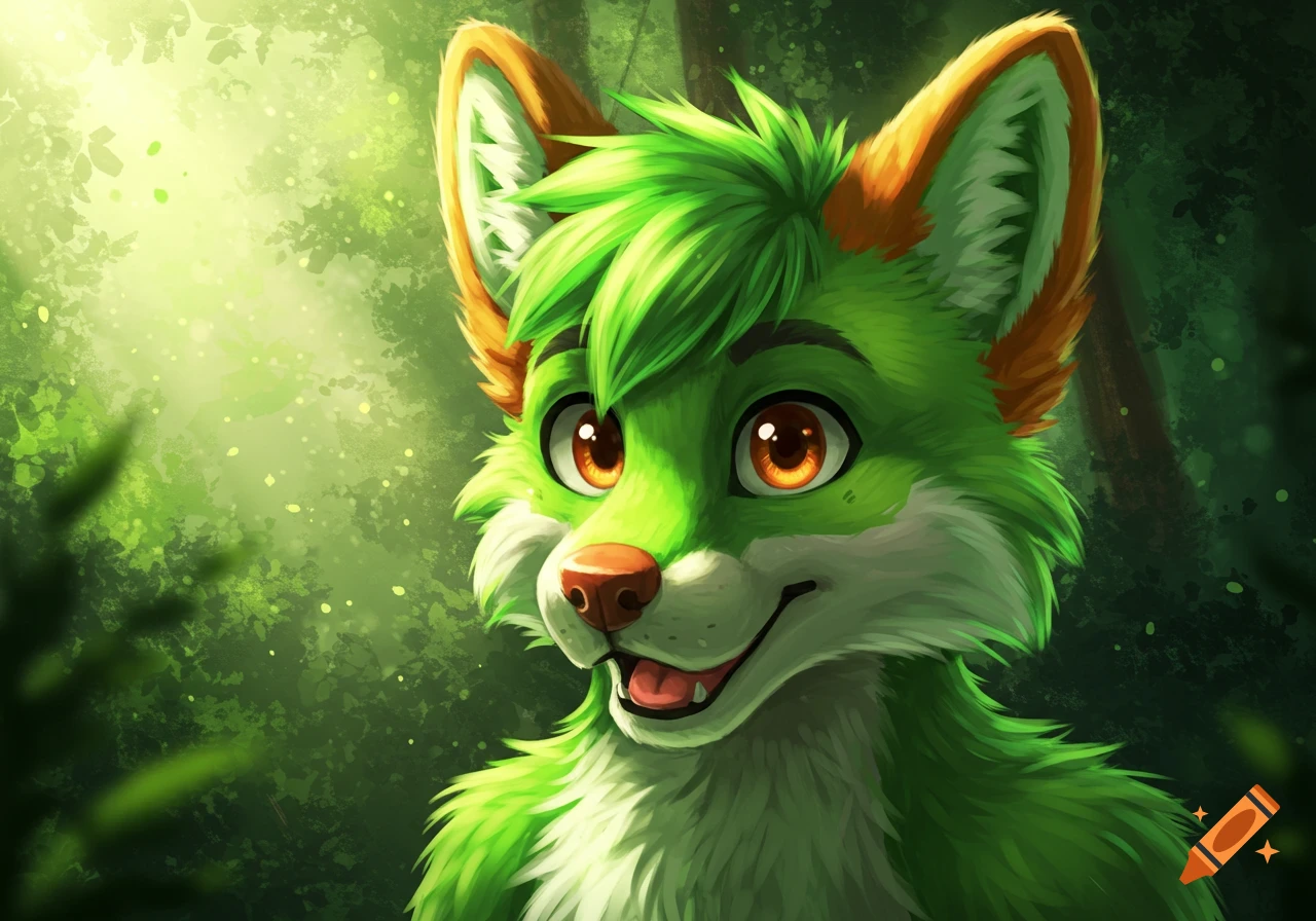 A vibrant green and orange furry character with big eyes smiles in a ...