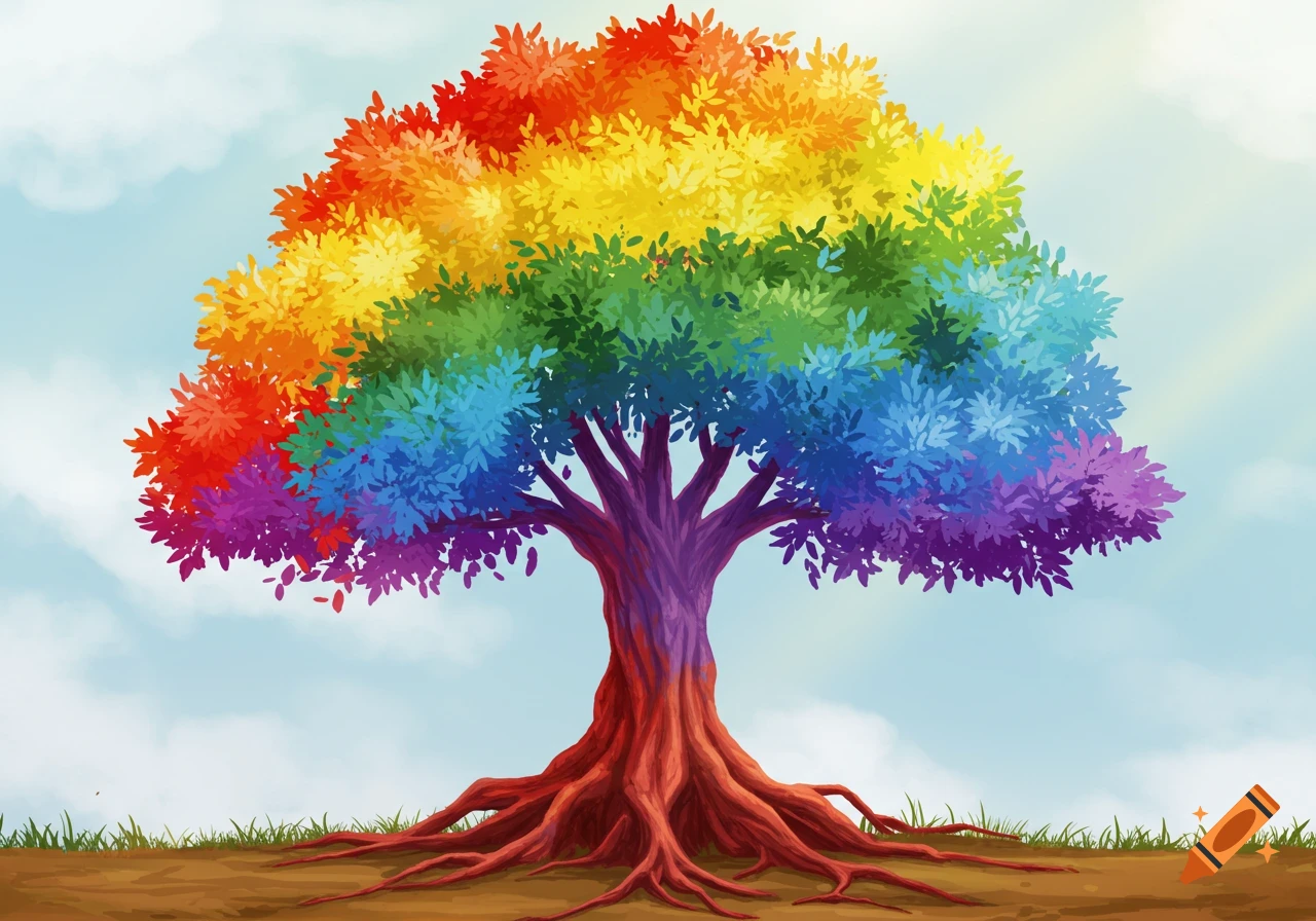 A vibrant rainbow-colored tree with a thick, gradient trunk and multi-colored leaves, standing ...