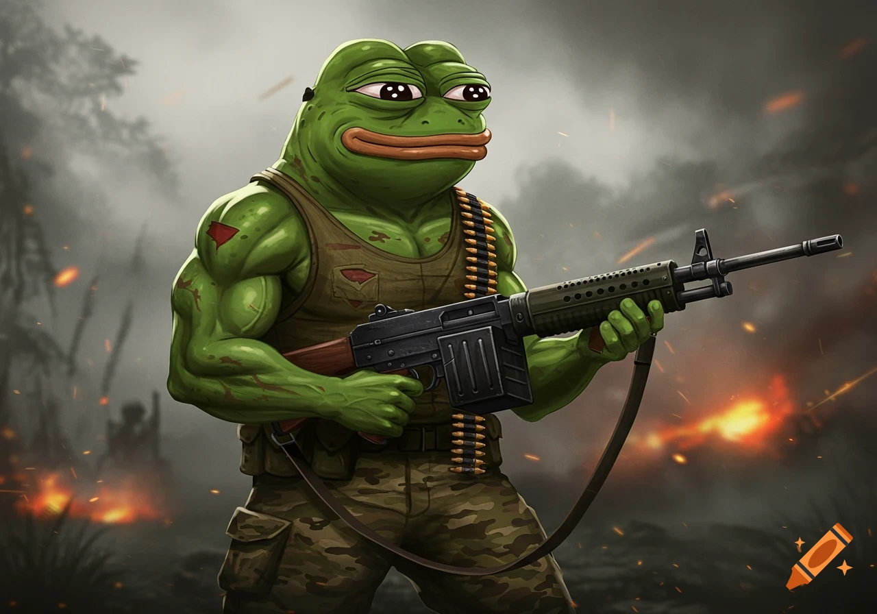 Muscular Pepe the frog dressed in military fatigues, wearing a tank top ...