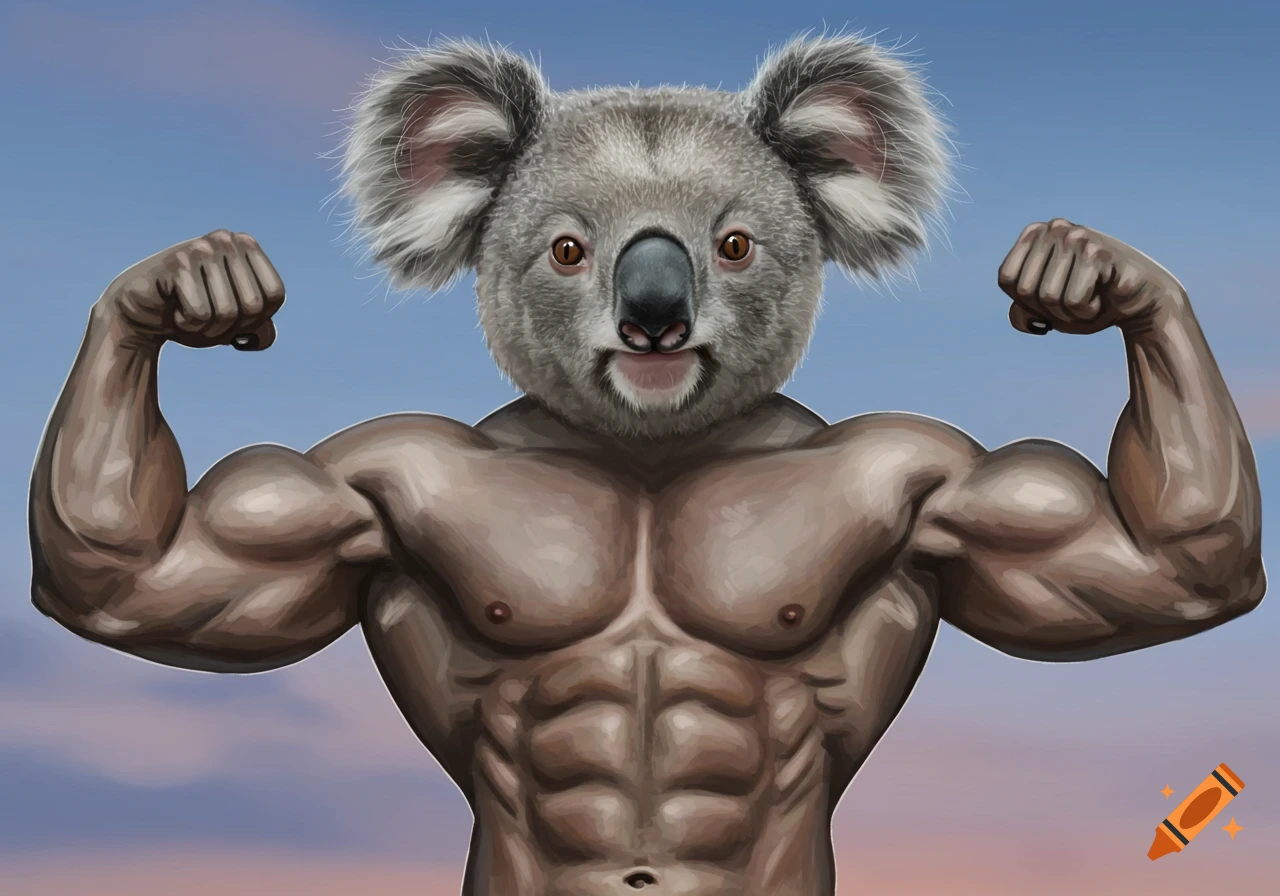 A muscular koala flexing its biceps against a blue and orange sky. on Craiyon