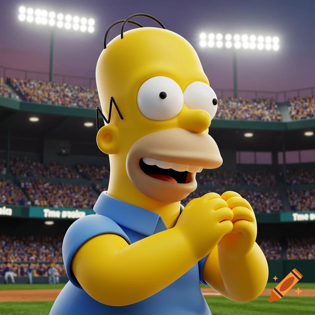 A 3D render of Homer Simpson smiling in a blue shirt with his hands ...