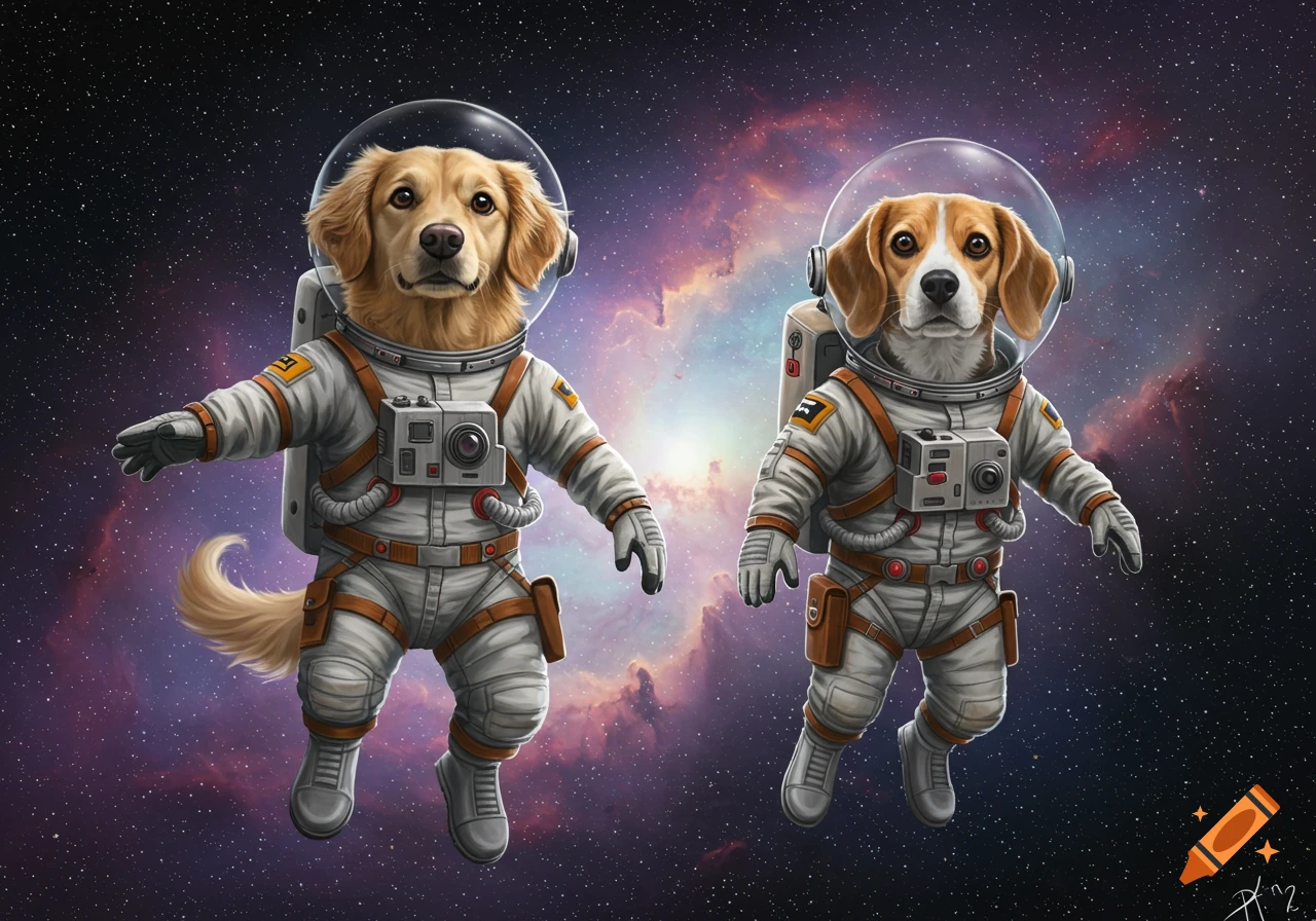 Two dogs, a golden retriever and a beagle, wear detailed astronaut ...