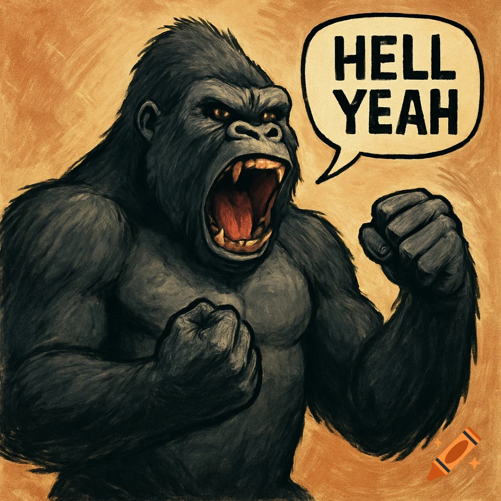 Illustrated gorilla roaring with clenched fists, saying 'HELL YEAH'. on Craiyon