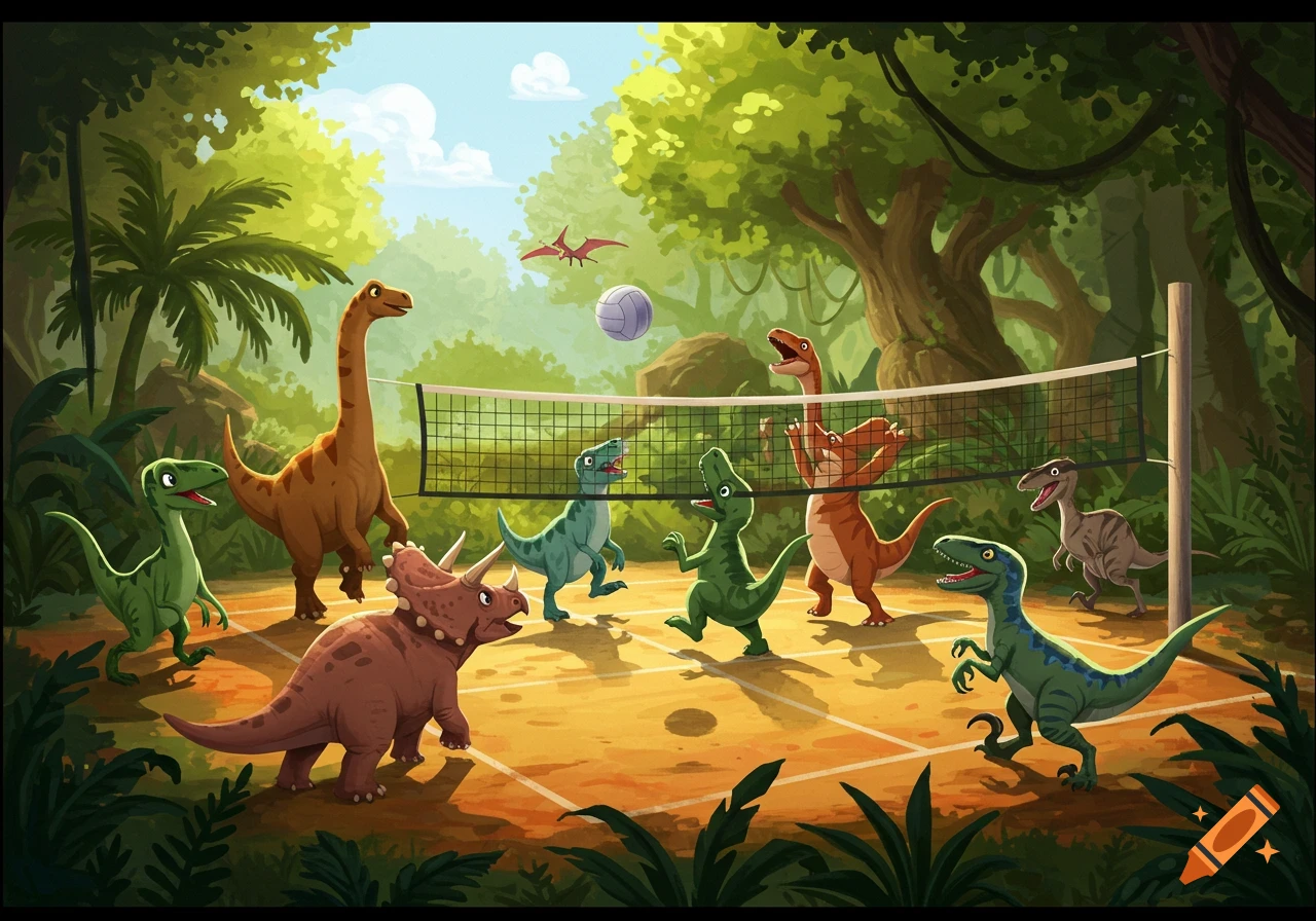 Cartoon dinosaurs playing volleyball on a dirt court in a lush, sunny ...