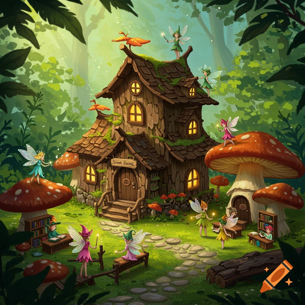 A whimsical illustration of a fairy school set in a lush green forest ...