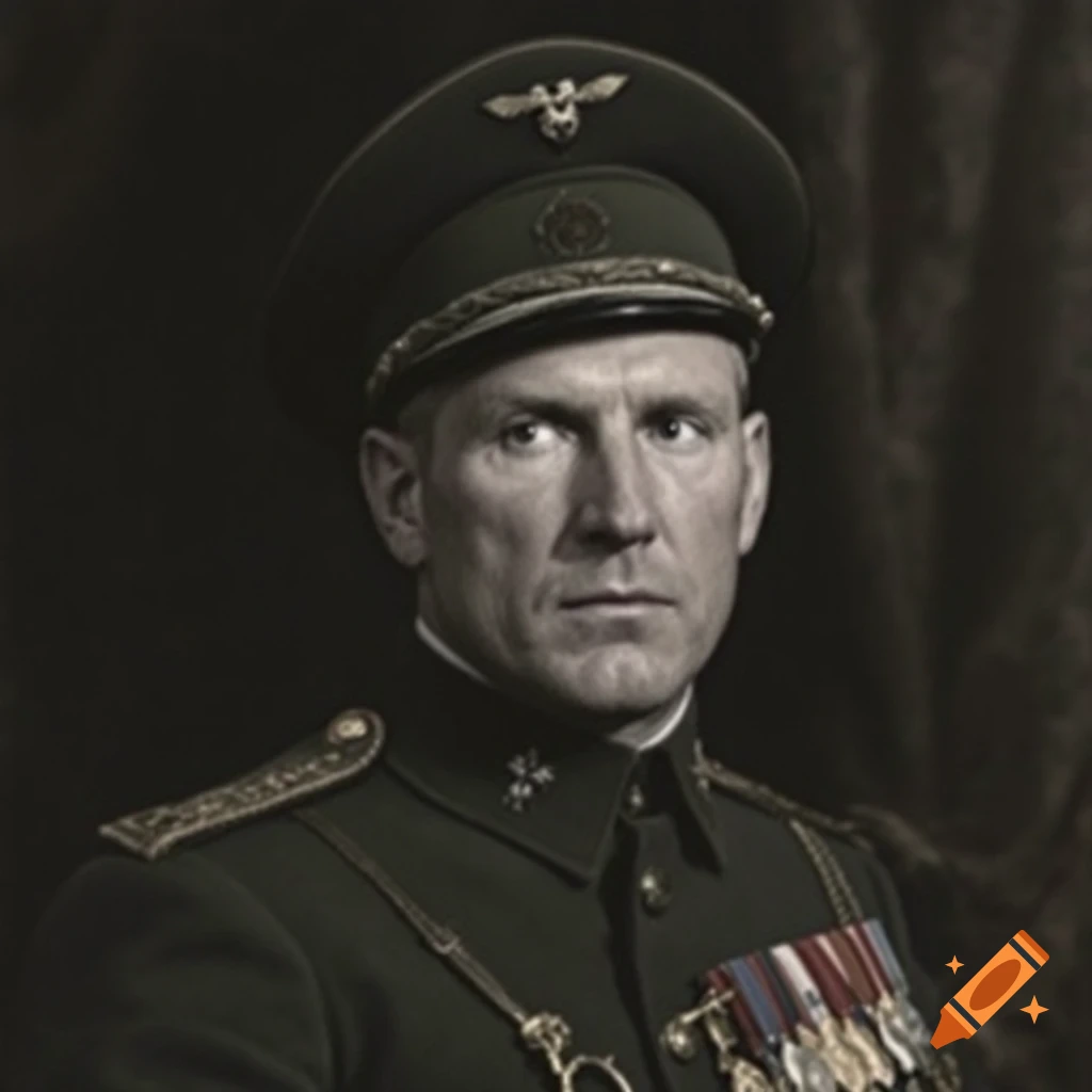 Photorealistic portrait of a man in a dark military uniform with a cap and medals. on Craiyon