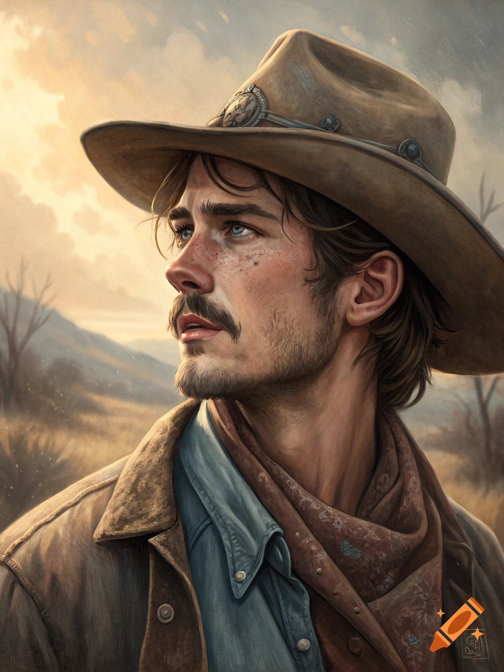 A rugged cowboy with a mustache and stubble, wearing a hat and duster ...