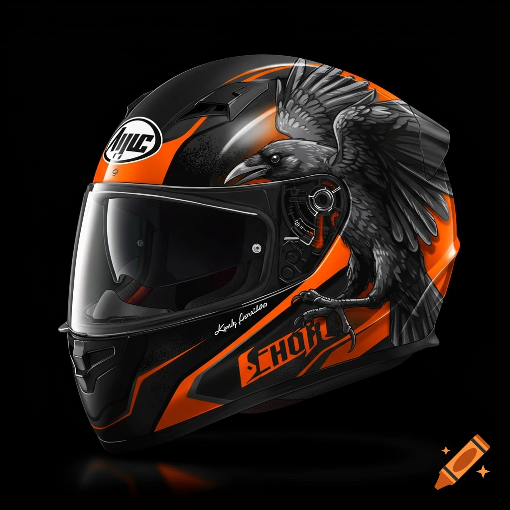 A black and orange motorcycle helmet featuring a detailed graphic of a ...