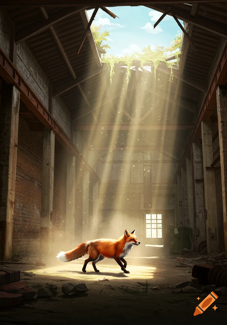 A red fox walks through a sunlit, dilapidated abandoned factory, with ...