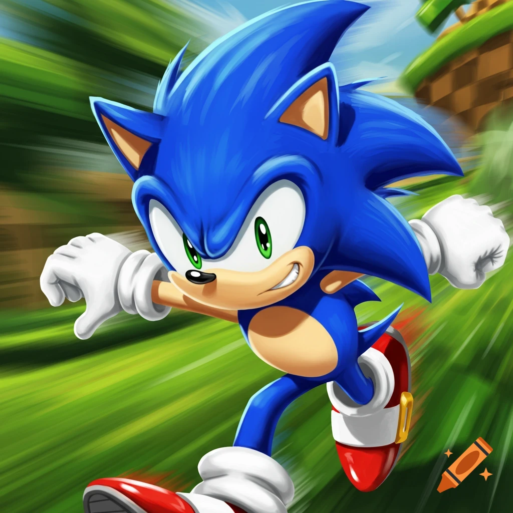 Sonic the Hedgehog running at high speed through a vibrant green landscape with motion blur in ...