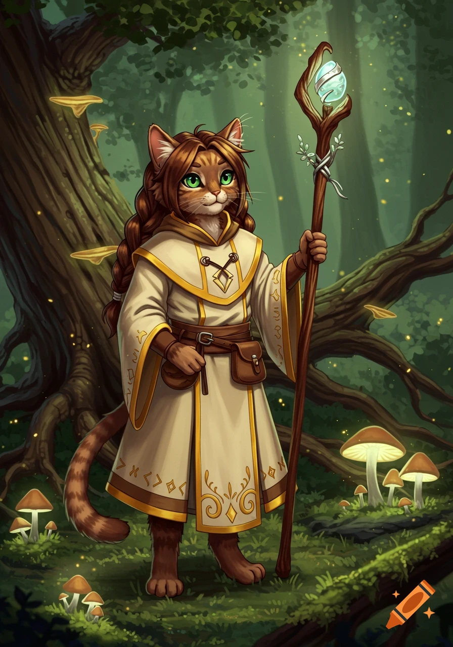 A cat-girl cleric with brown hair, green eyes, in a white and gold robe ...