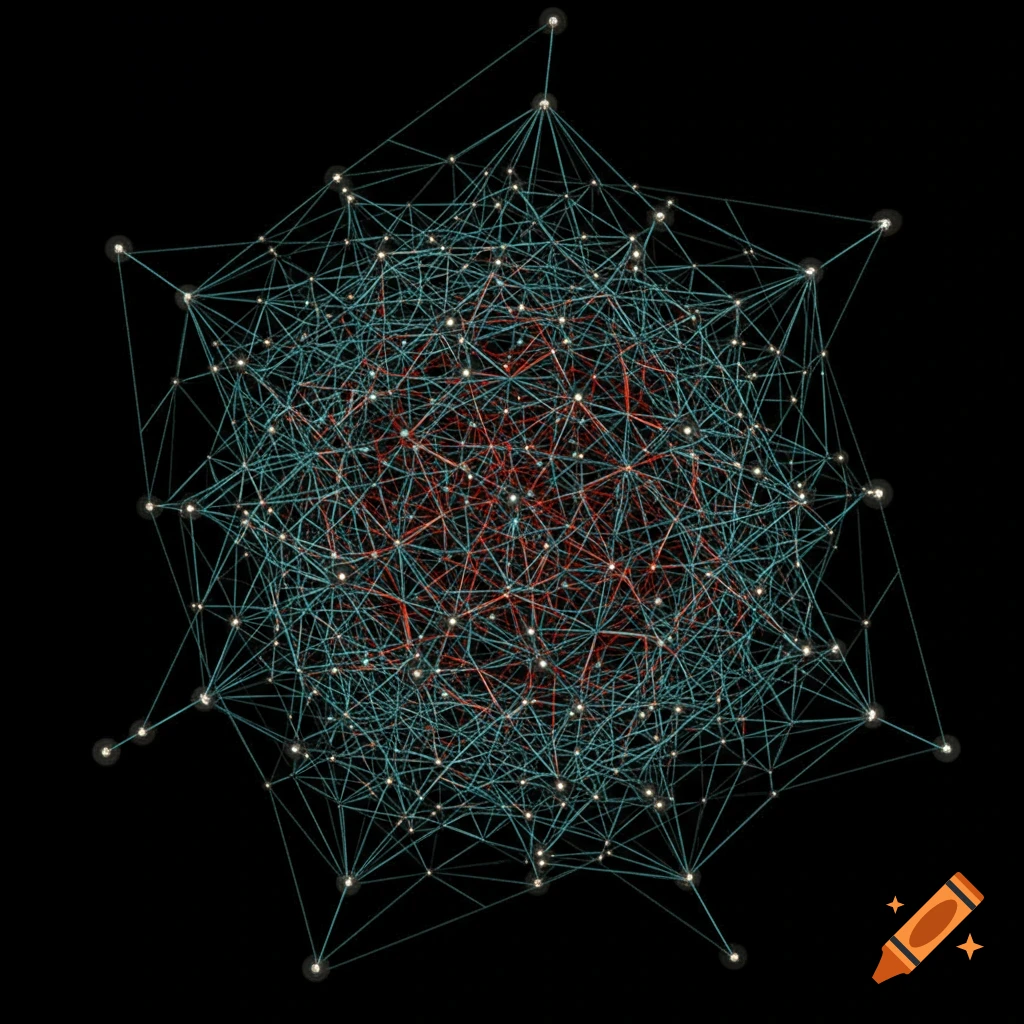 An intricate, abstract network of glowing white nodes connected by ...