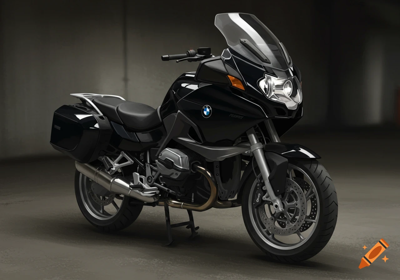 A black BMW R1200RT touring motorcycle with a windshield and saddlebags ...