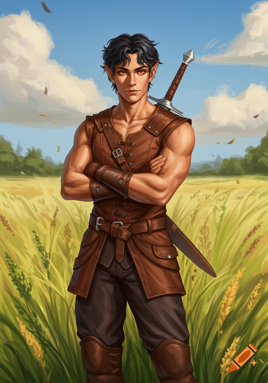 A handsome fae man with black wavy hair, fire orange eyes, and pointy ...