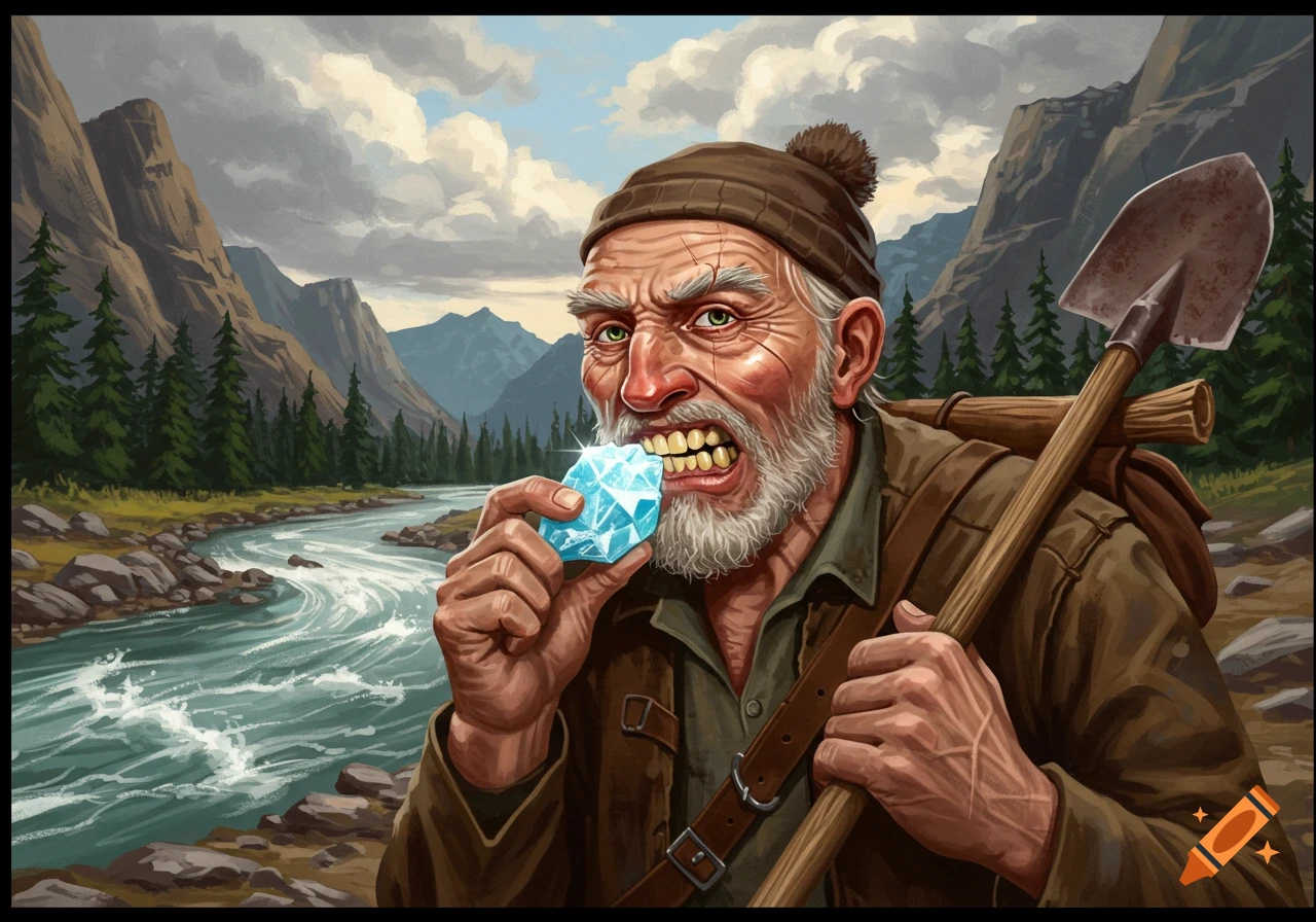 An illustrated old prospector with a beard and hat bites a blue crystal ...