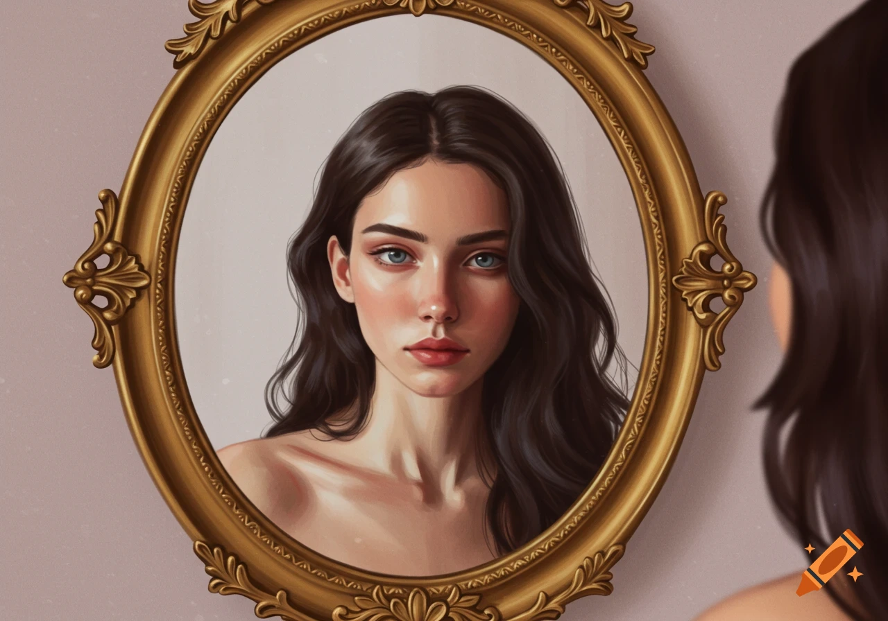 Digital art illustration of a woman looking at her reflection in an ornate, oval gold mirror. on ...