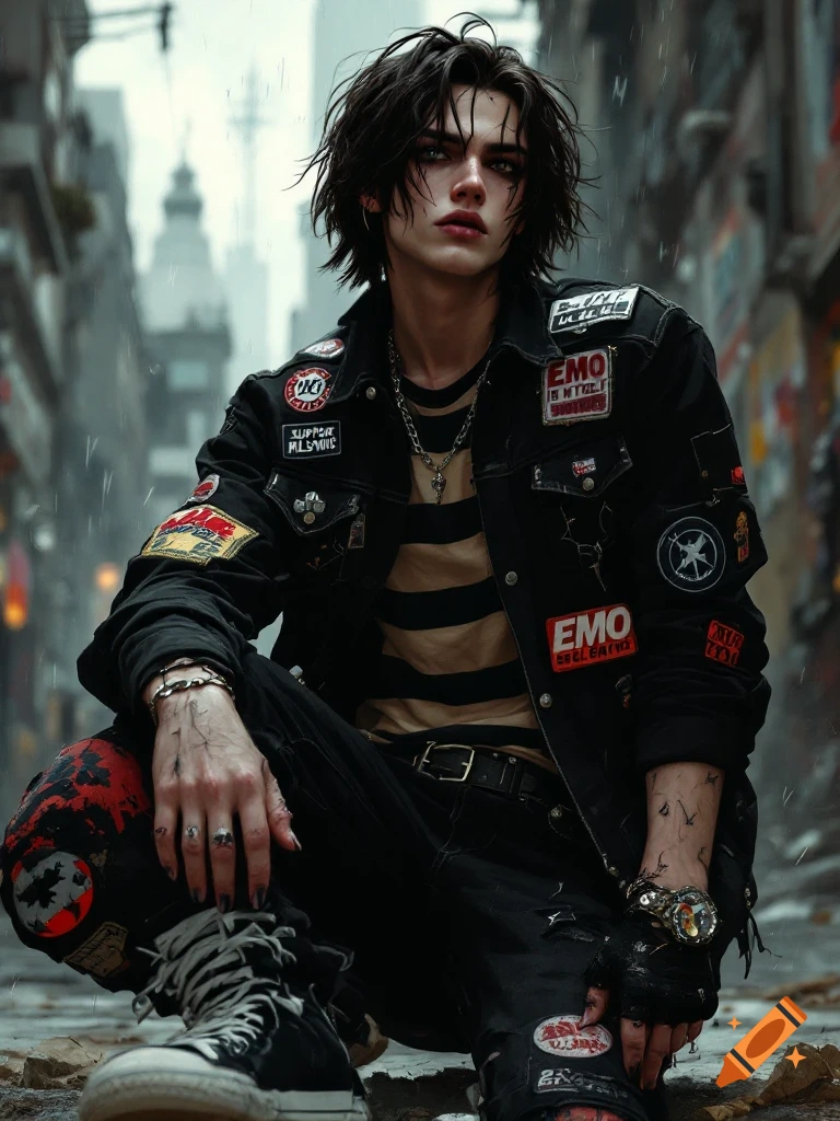 A male emo teenager in a patched denim jacket crouches in a rainy urban ...