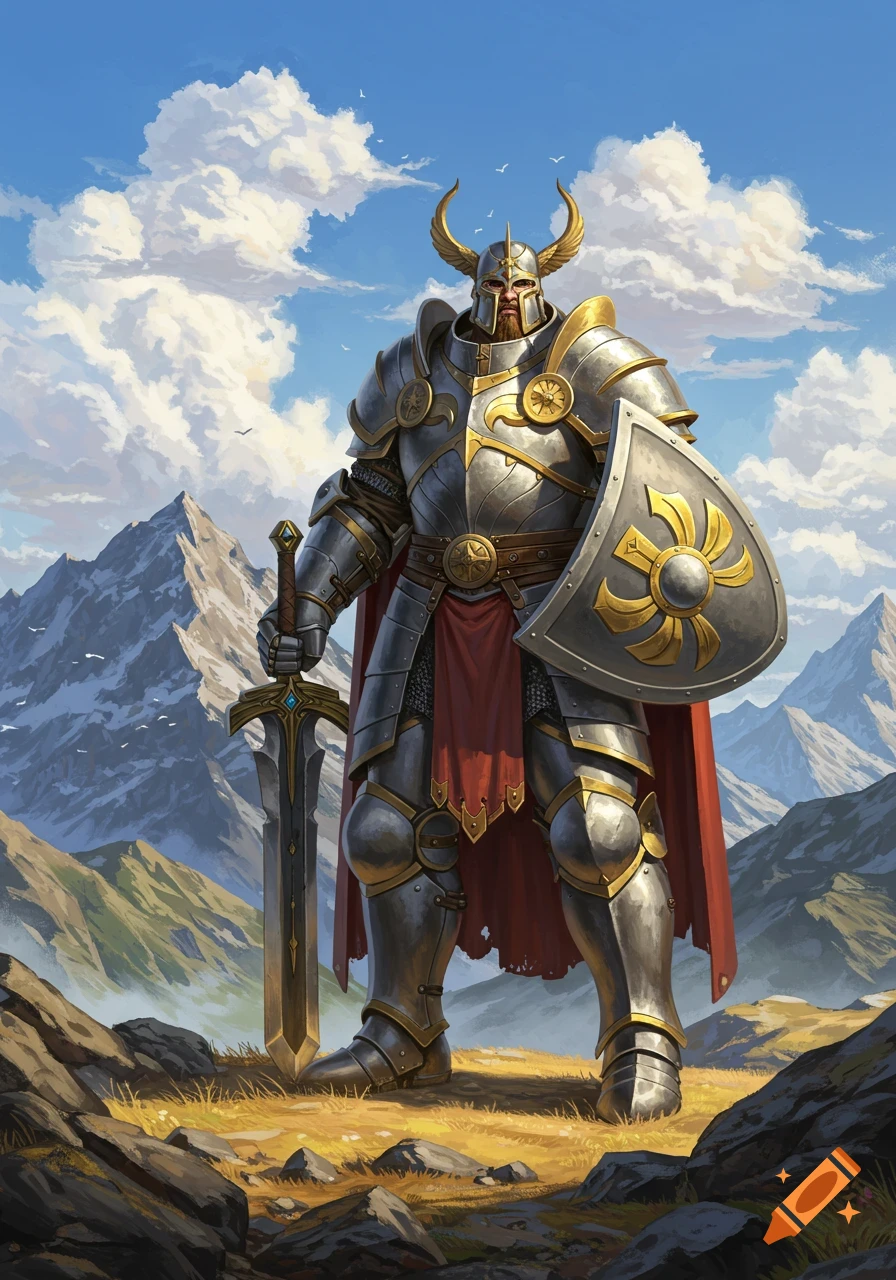 A heavily armored paladin with a horned helmet stands in a mountainous ...