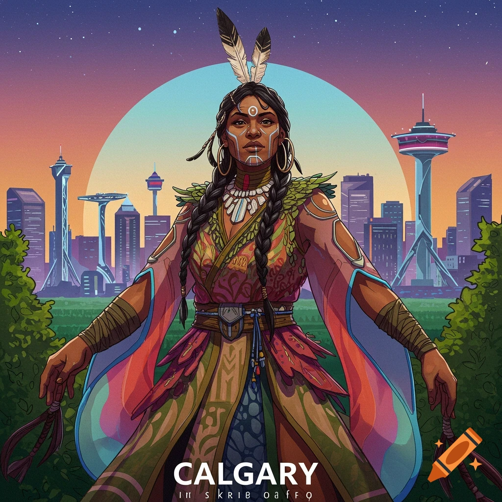 A strong indigenous woman in traditional and futuristic attire stands ...