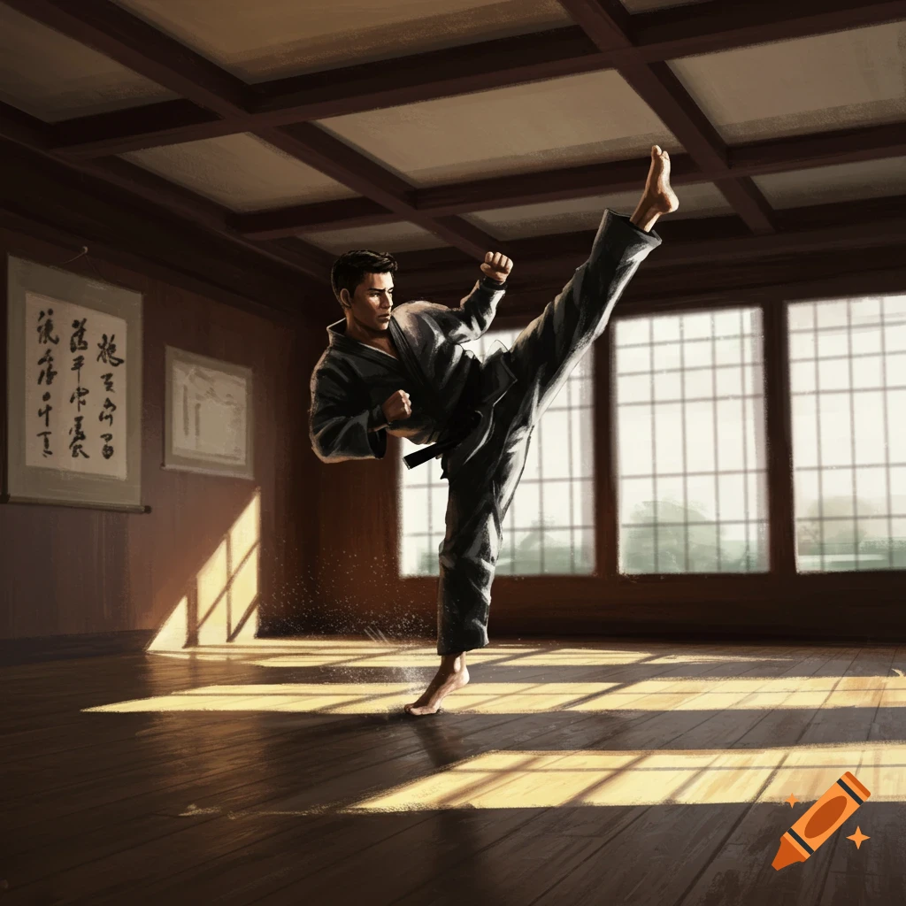 A man in a black gi performs a high kick in a sunlit dojo with ...