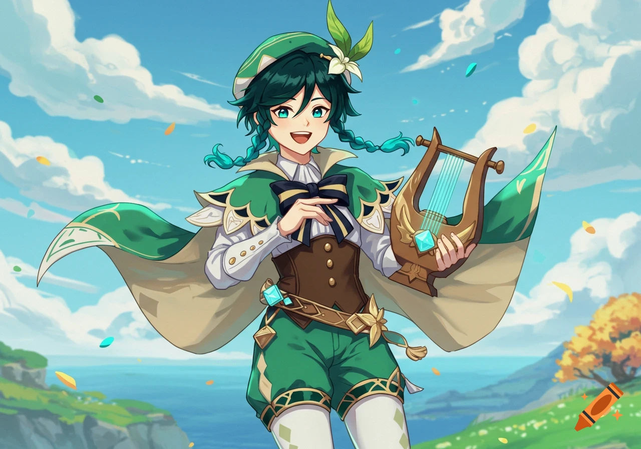 Anime character Venti from Genshin Impact smiling and holding a lyre ...