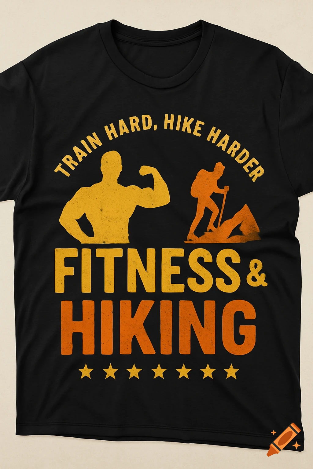 Black t-shirt with yellow and orange 'Train Hard, Hike Harder' and ...