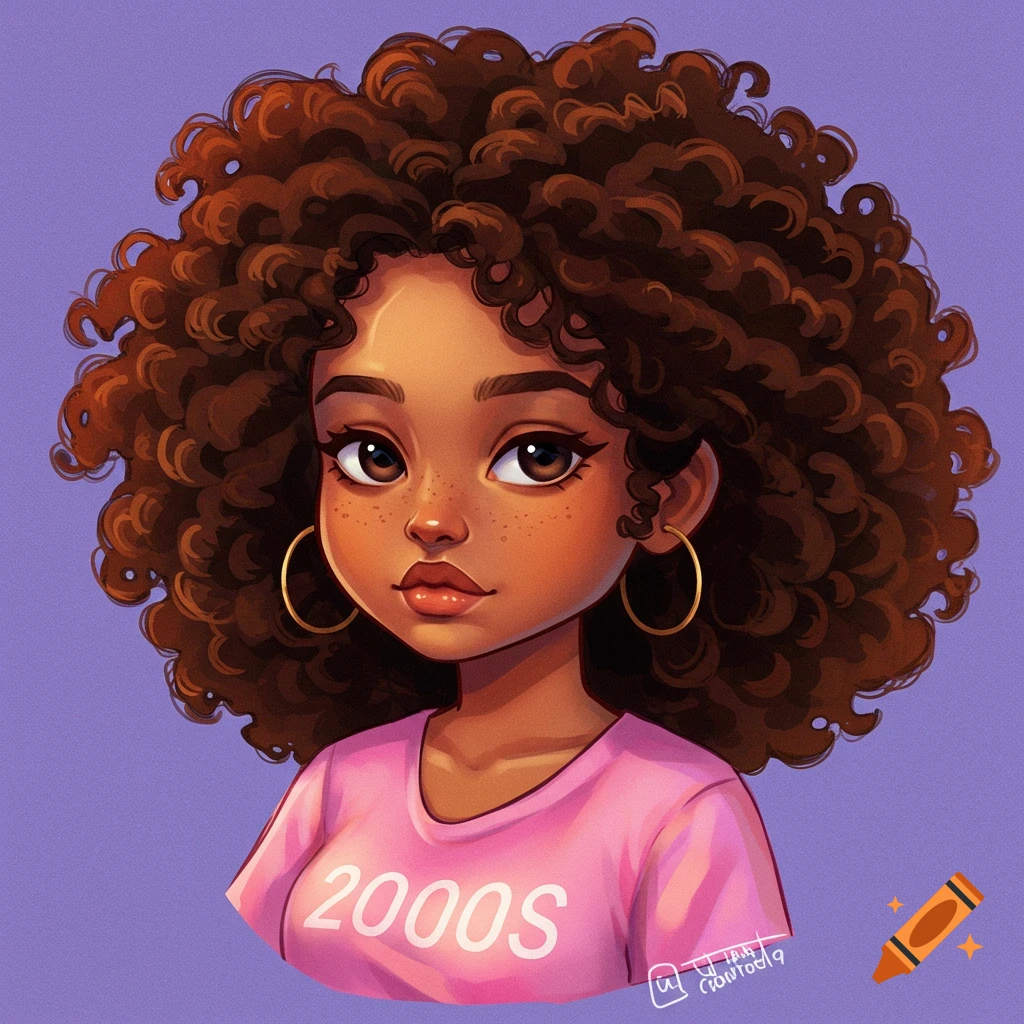Chibi-style portrait of a young Black woman with curly hair wearing a ...