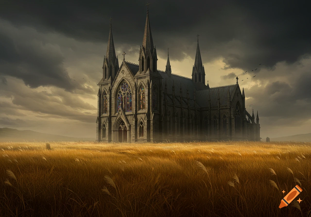A gothic church stands in a golden prairie field under a dark, stormy ...