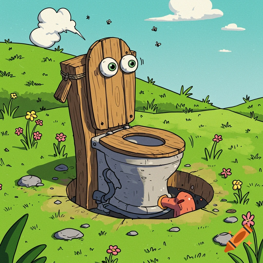 A goofy cartoon image of a wooden medieval toilet with googly eyes ...