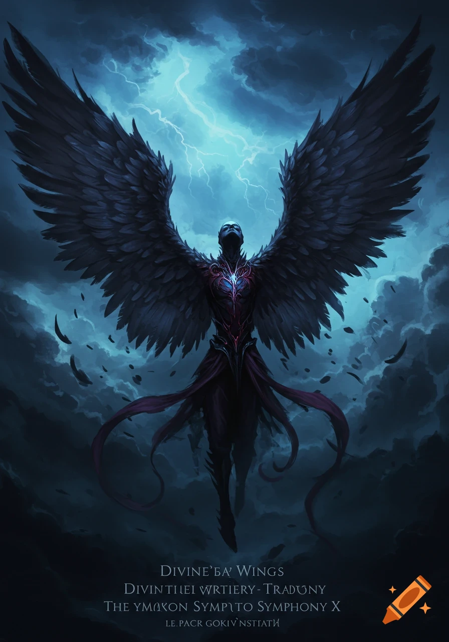A powerful dark winged figure with a glowing chest stands with arms ...